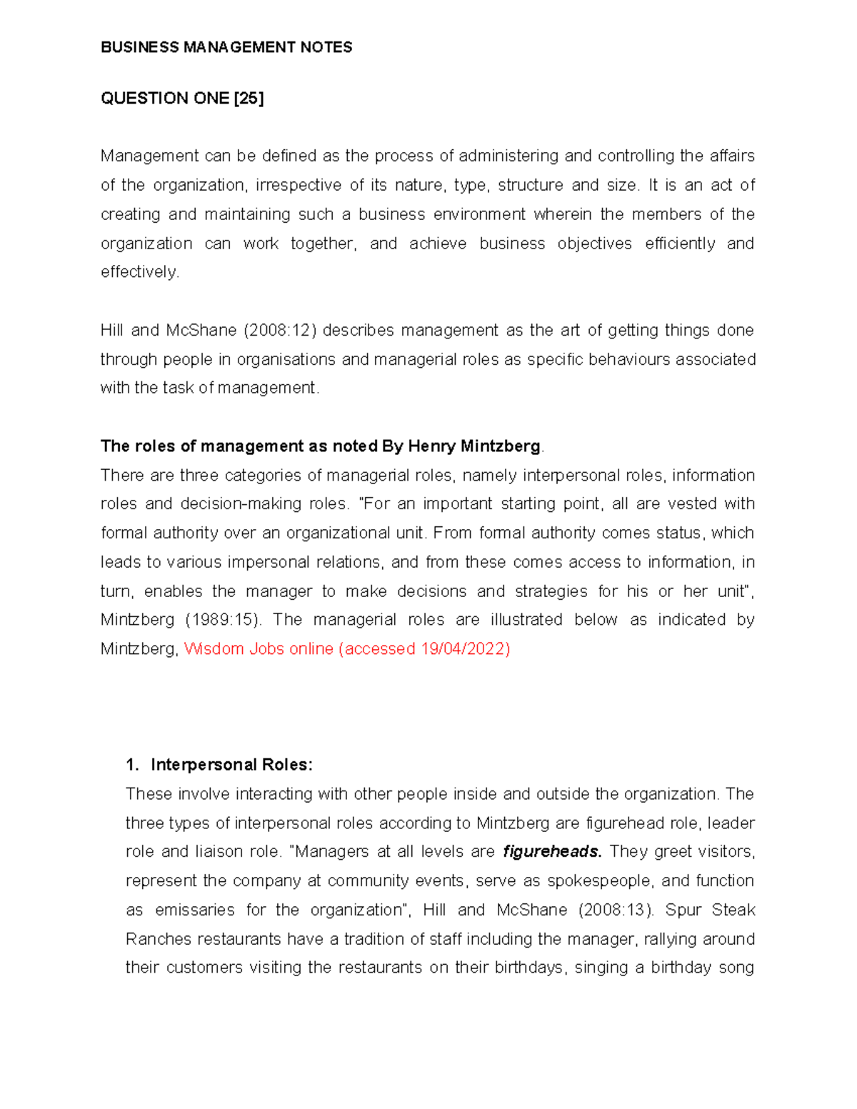 BUSINESS MANAGEMENT NOTES: MANAGERIAL ROLES & FUNCTIONS - Studocu