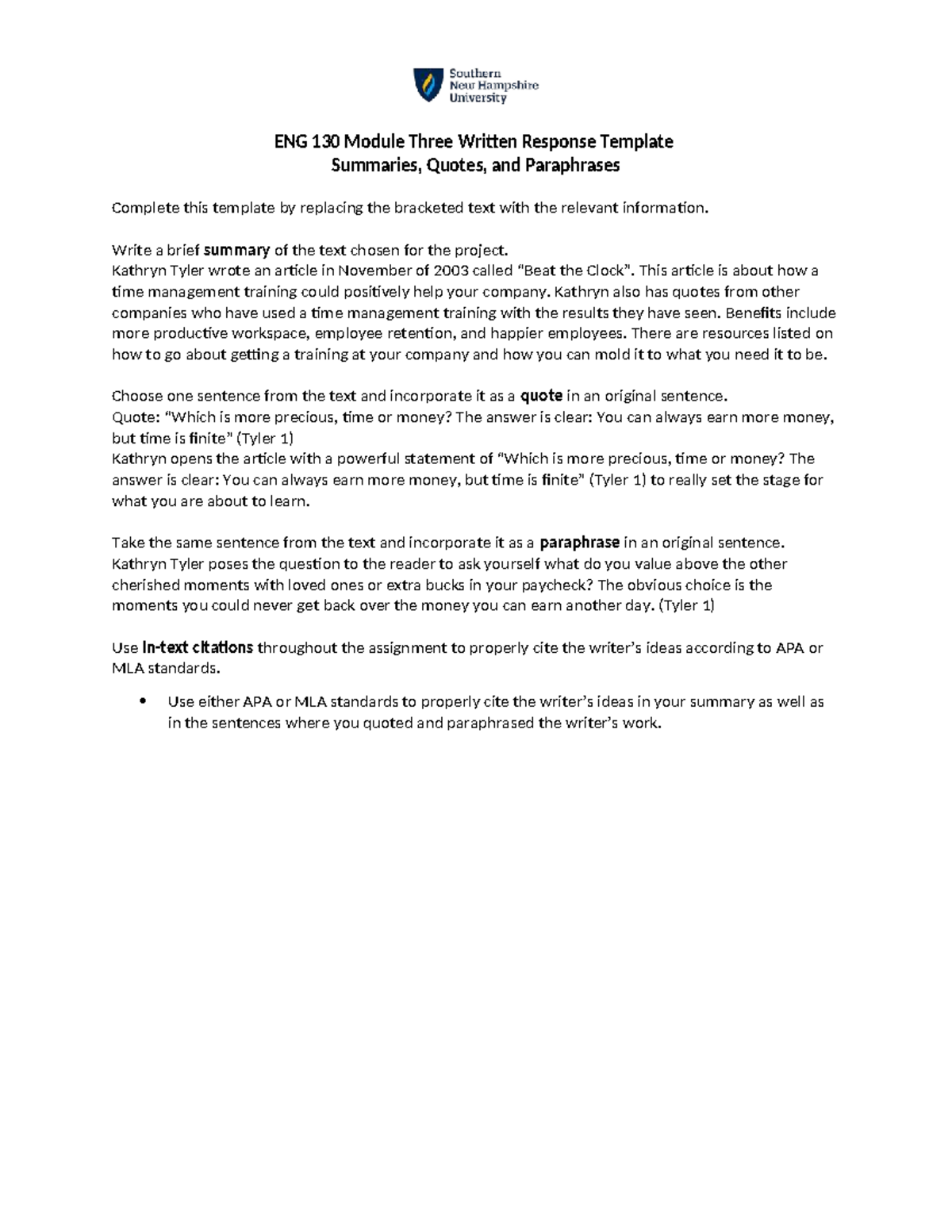 ENG 130 Module Three Written Response: Summaries, Quotes & Paraphrases ...