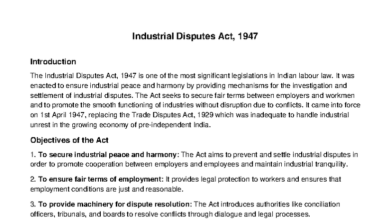 Industrial Disputes Act, 1947: Overview and Key Provisions - Studocu