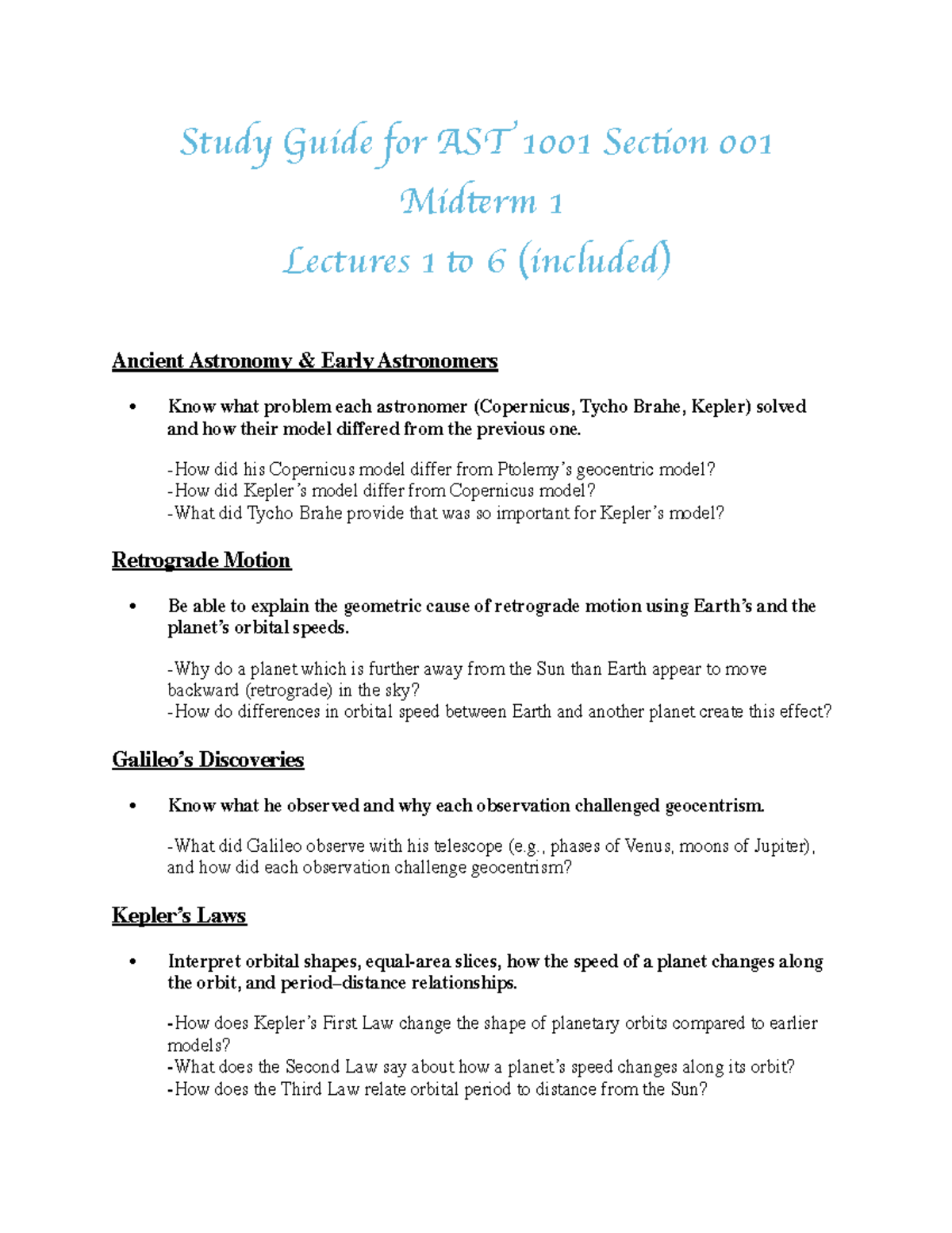 Midterm Study Guide for AST 1001 Sec 001: Ancient Astronomy Insights ...