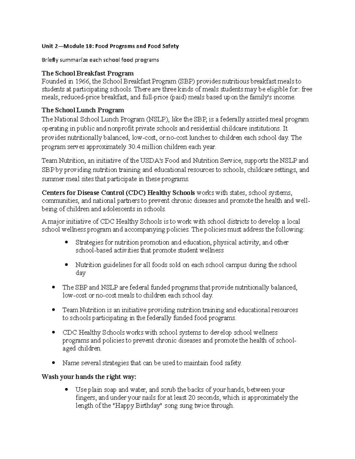 Unit 2 - Module 10: School Food Programs & Food Safety Guidelines - Studocu