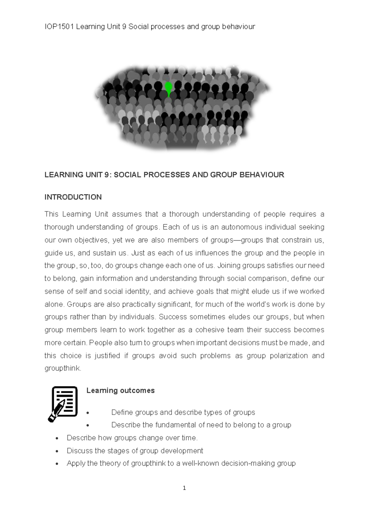 IOP1501 Learning Unit 9: Understanding Social Processes & Group ...