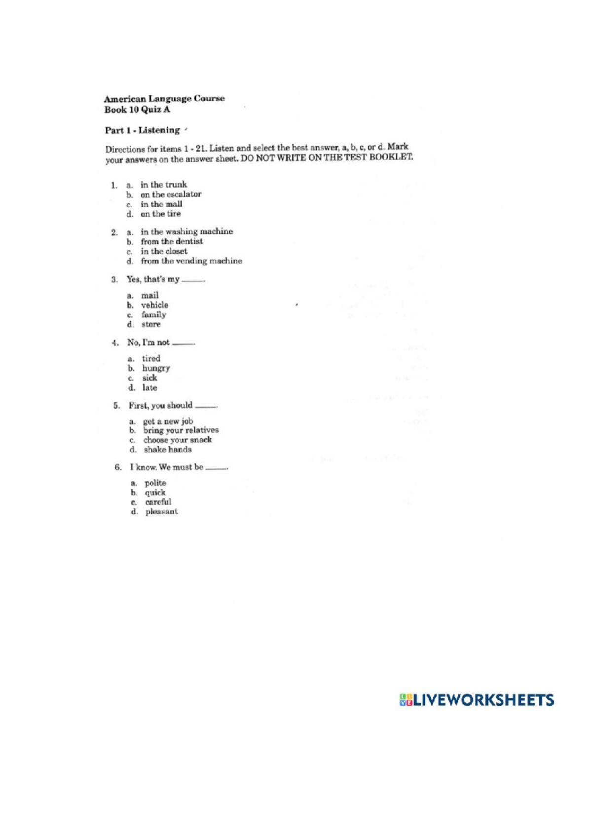 ALC10A - American Language Course Book 10 Quiz A Listening & Reading ...