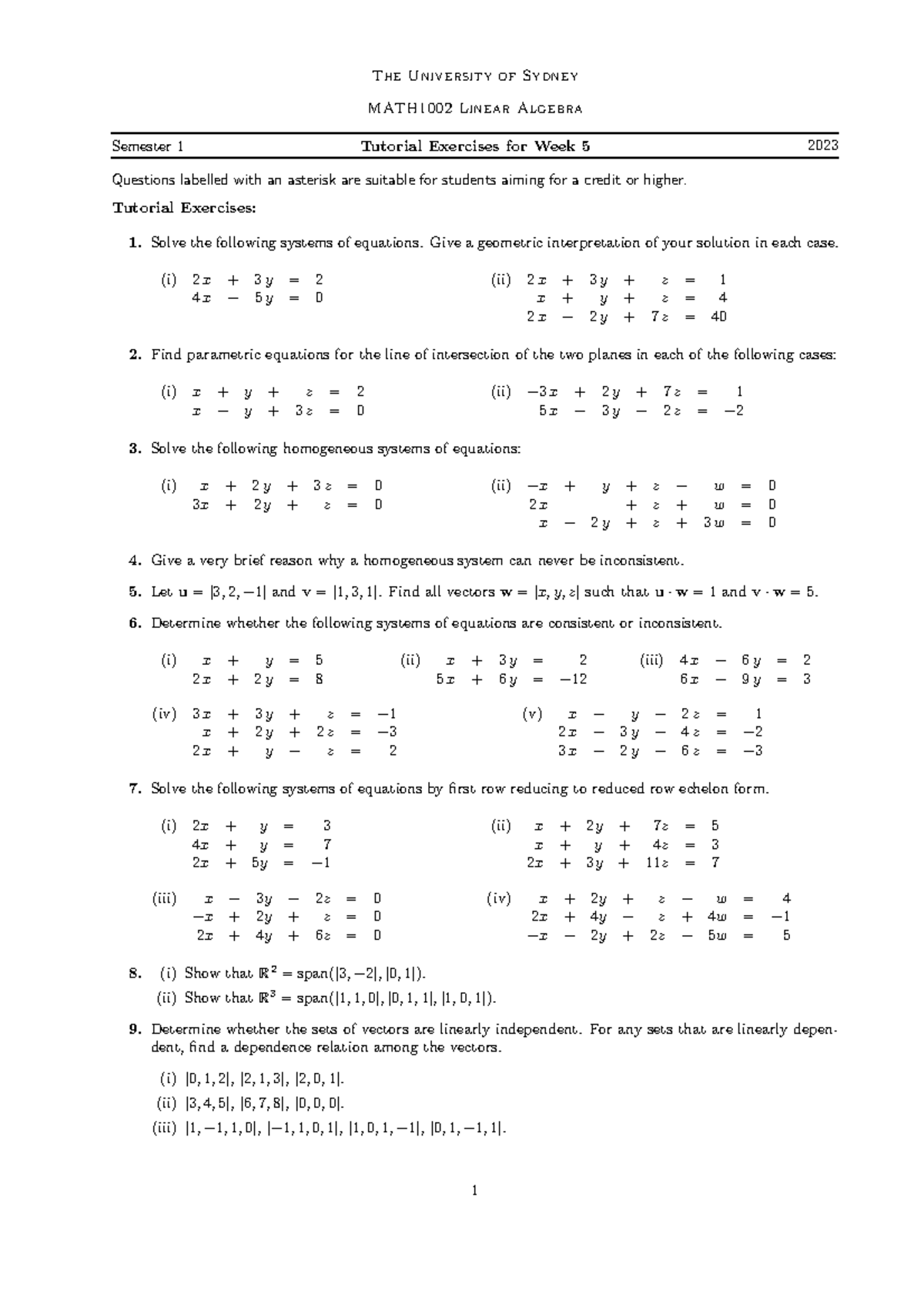 MATH1002 Linear Algebra Semester 1 2023 Week 5 Tutorial Exercises - Studocu
