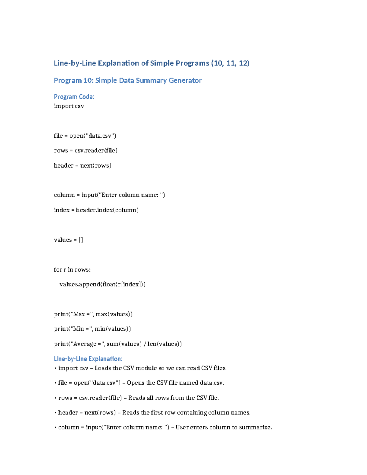 Simple Programs Line By Line (10, 11, 12) - Studocu