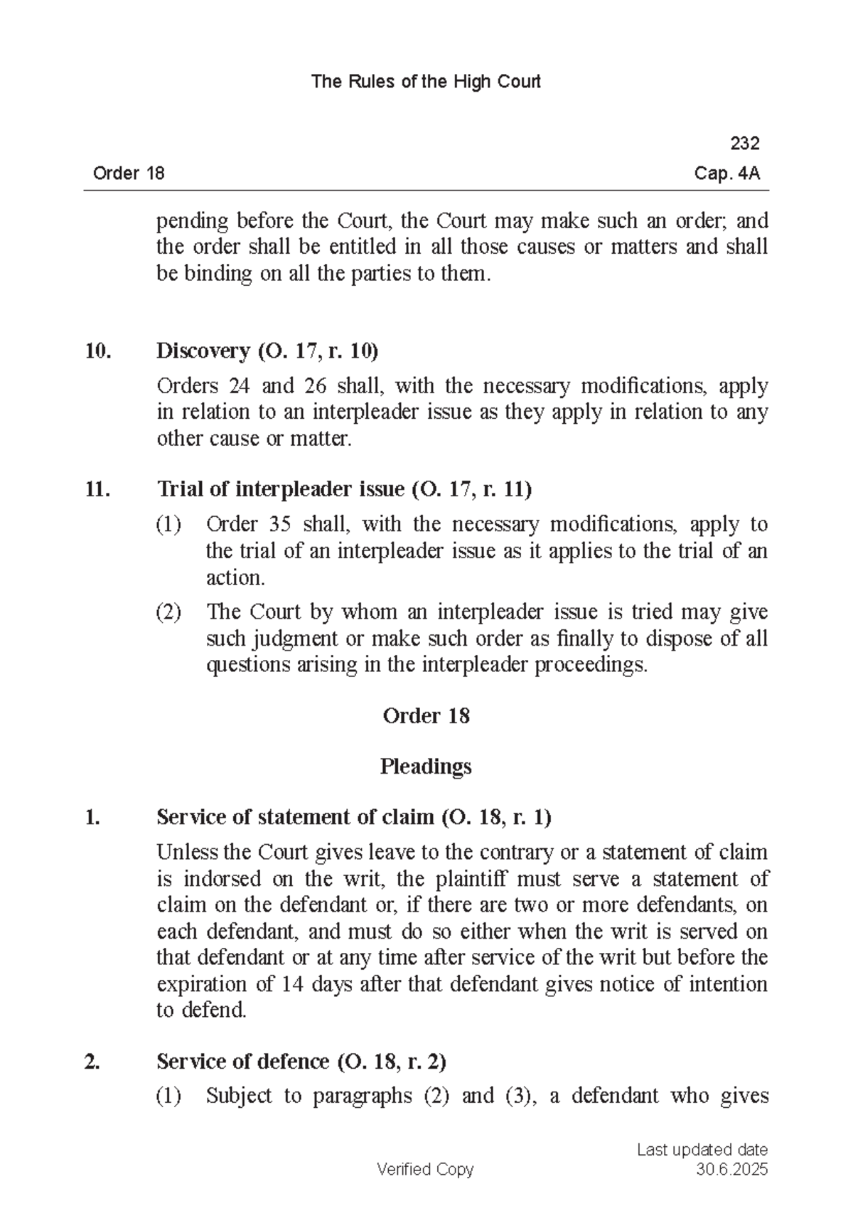 High Court Rules: Order 18 Cap. 4A Overview and Procedures - Studocu