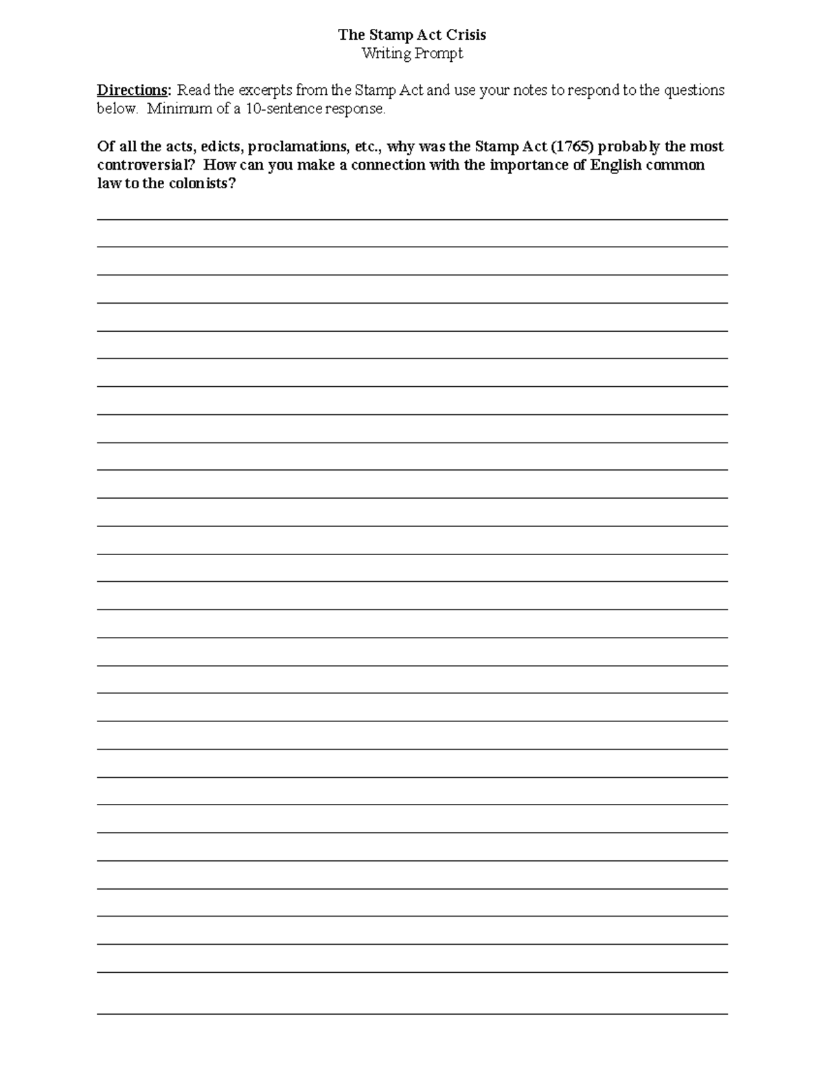 Stamp Act Crisis Writing Prompt - The Stamp Act Crisis Writing Prompt ...