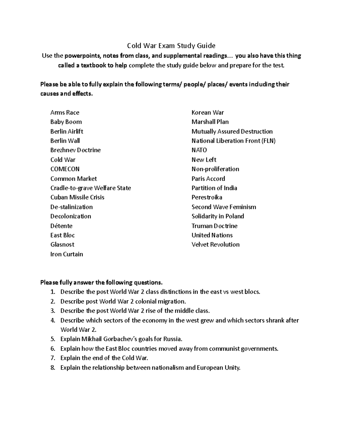 Cold War (HIST 101) Final Exam Study Guide: Key Events & Concepts - Studocu