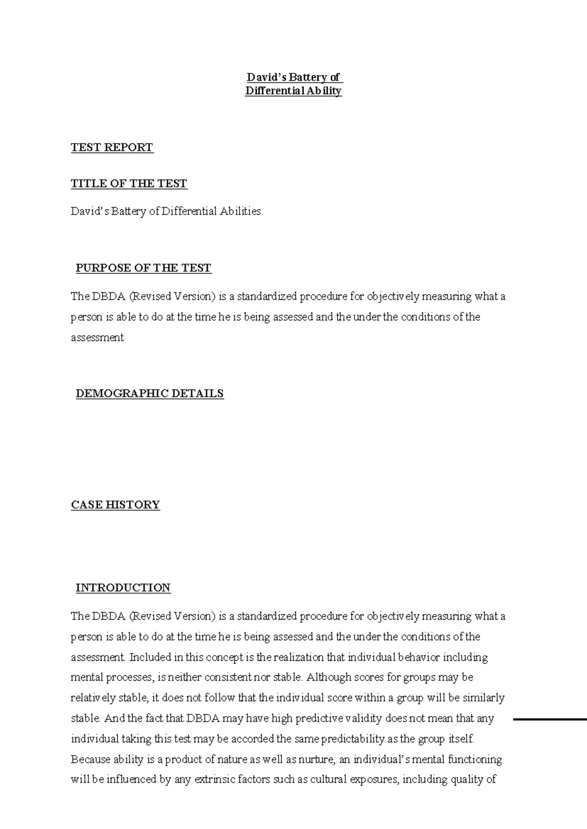 DBDA Test Report: Insights on Differential Abilities Evaluation - Studocu