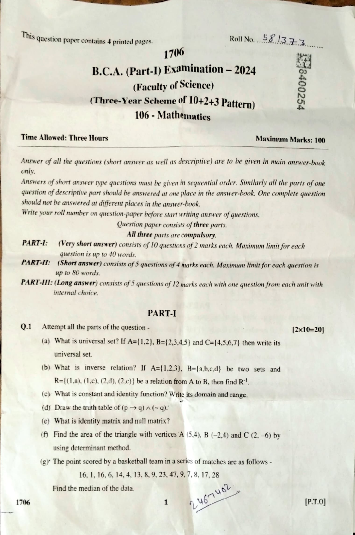 B.C.A. Sem-4 Mathematics Previous Year Question Paper 2024 - Studocu