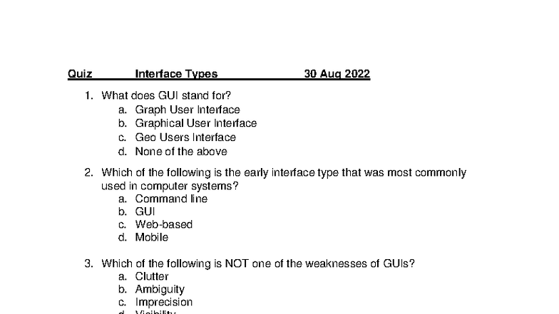 Quiz on GUI and Interface Types - 30 Aug 2022 - Studocu