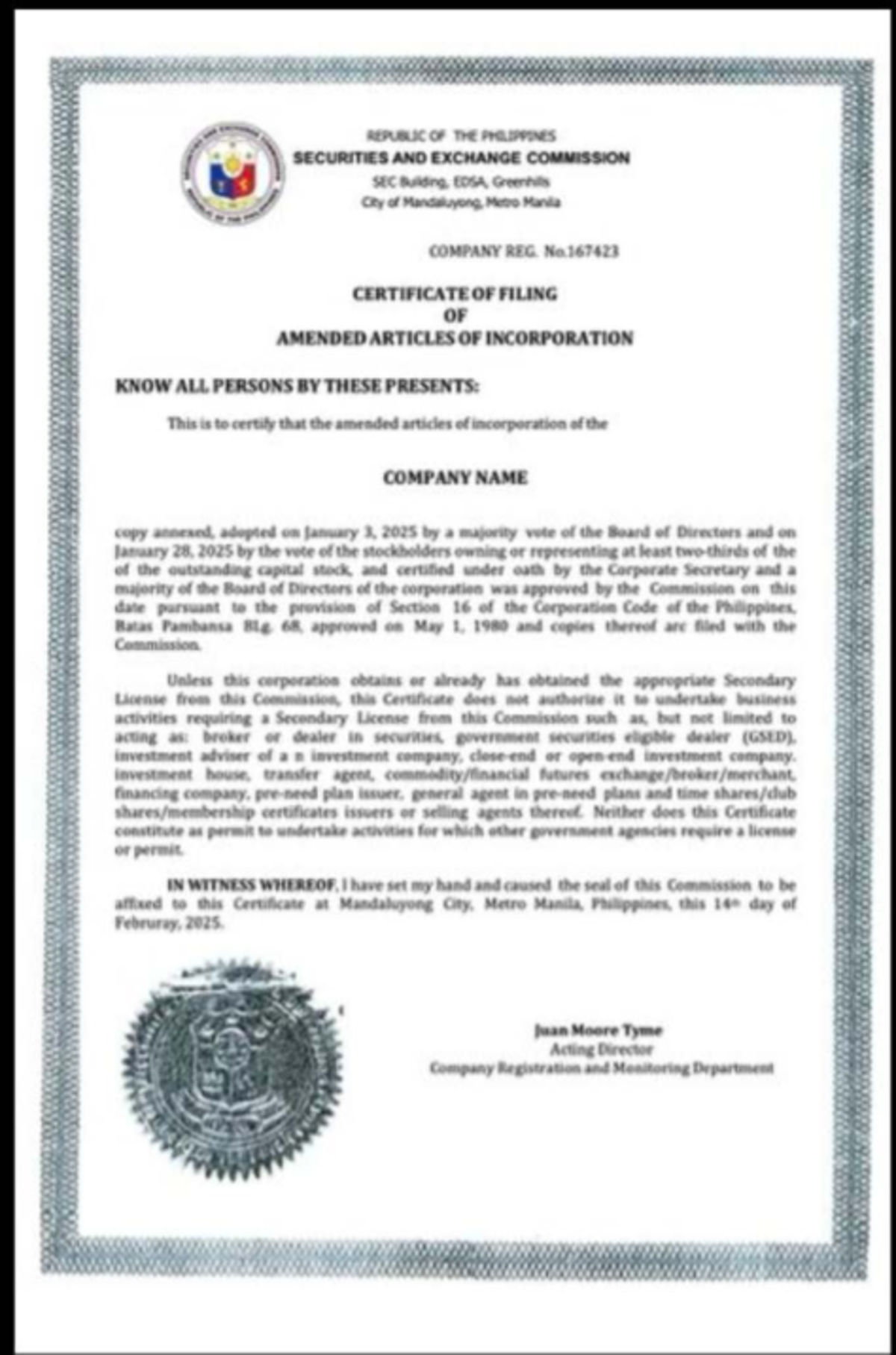 Certificate of Filing of Amended Articles of Incorporation - Company ...