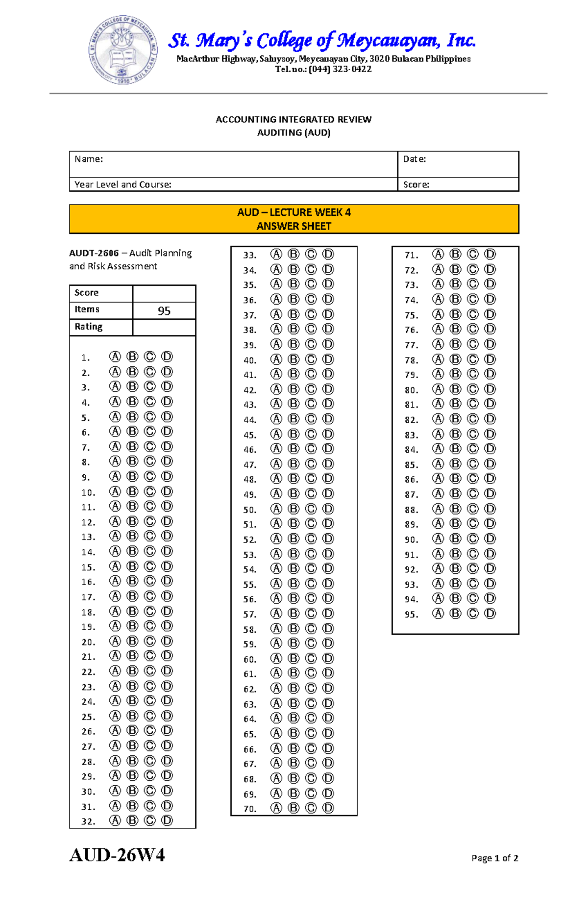 AUD 26 - Week 4 Lecture Answer Sheet: Audit Planning & Risk Assessment ...