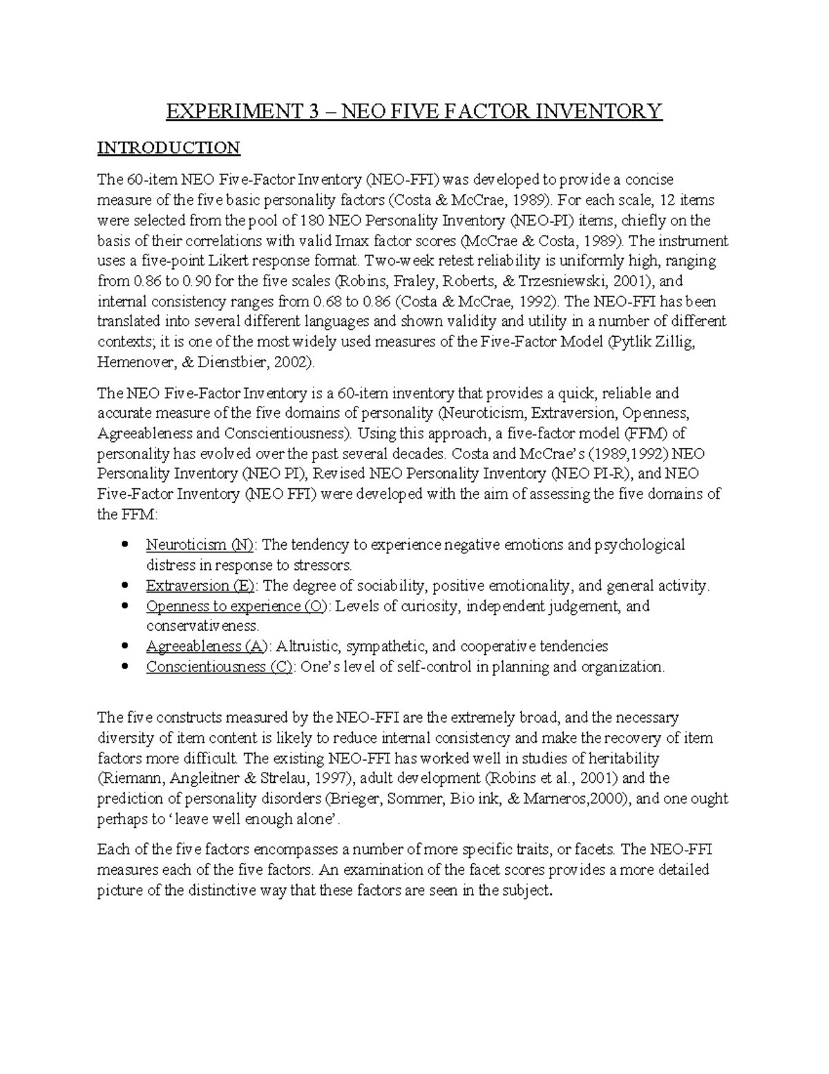 Experiment 3: NEO Five-Factor Inventory Analysis and Results - Studocu
