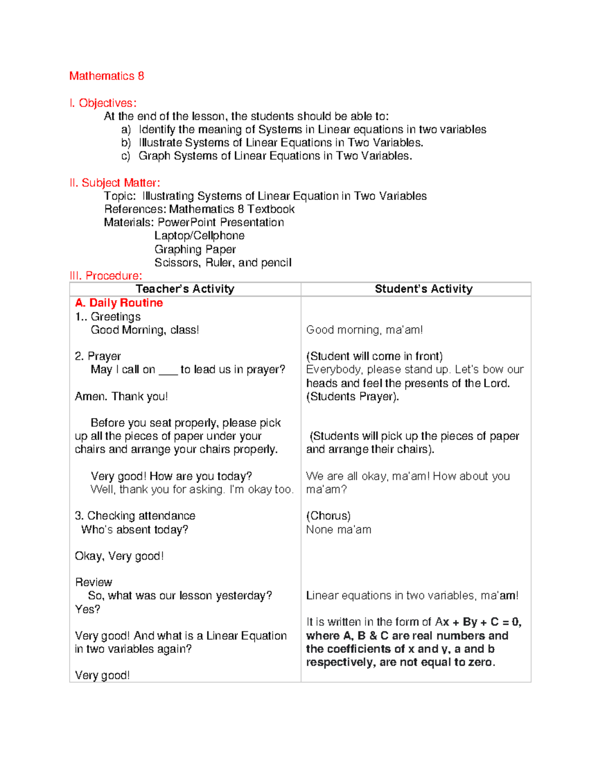 Mathematics 8 Detailed Lesson Plan on Systems of Linear Equations - Studocu