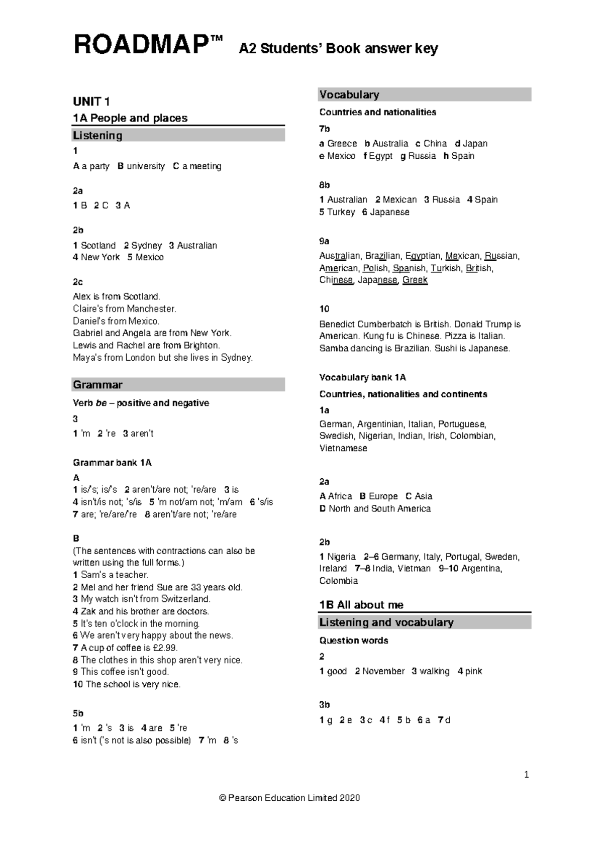 Roadmap A2 Students’ Book Answer Key - Complete Guide - Studocu