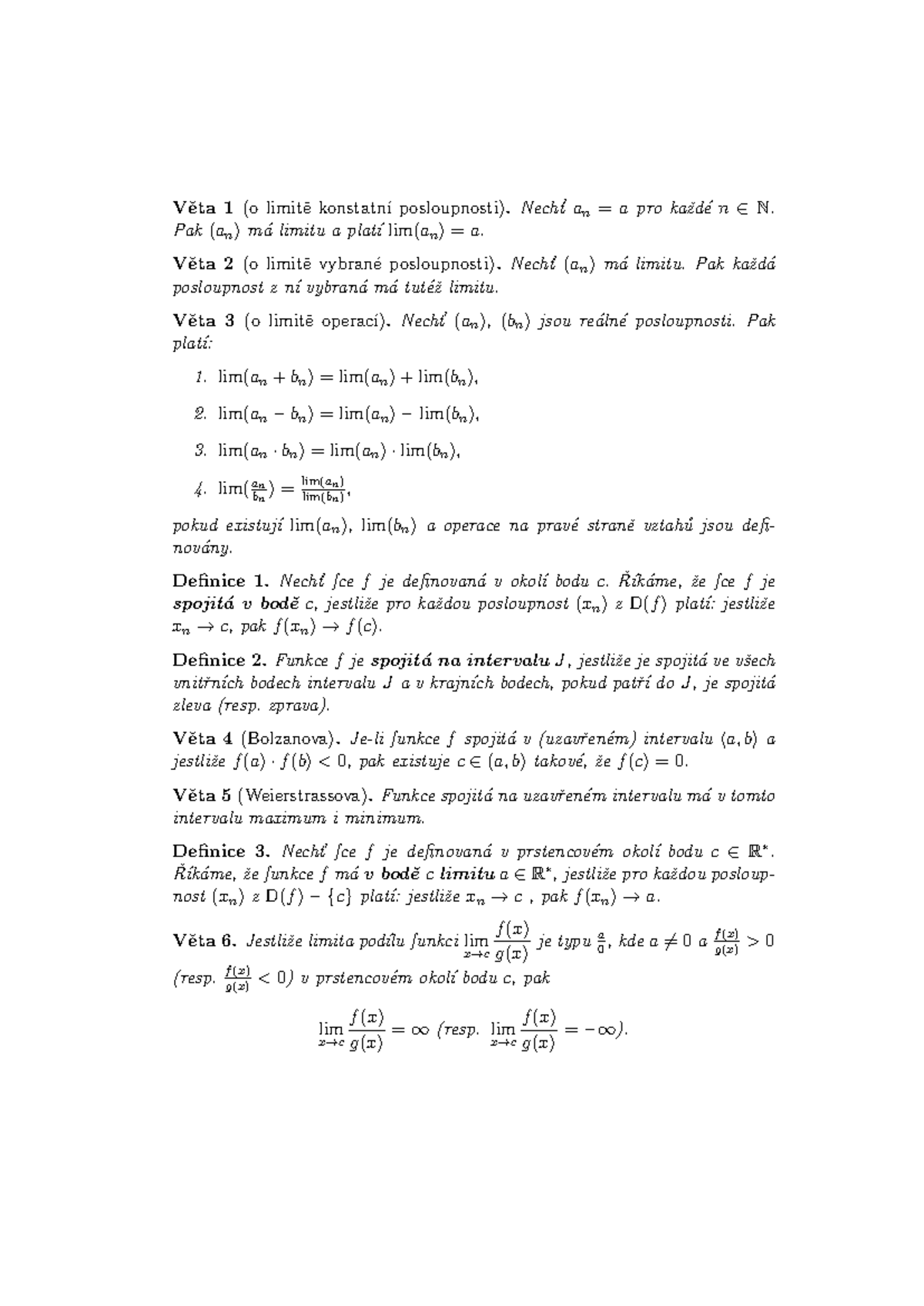 Matematika Ústni Teorie 5: Limity a Spojitost Funkcí - Studocu