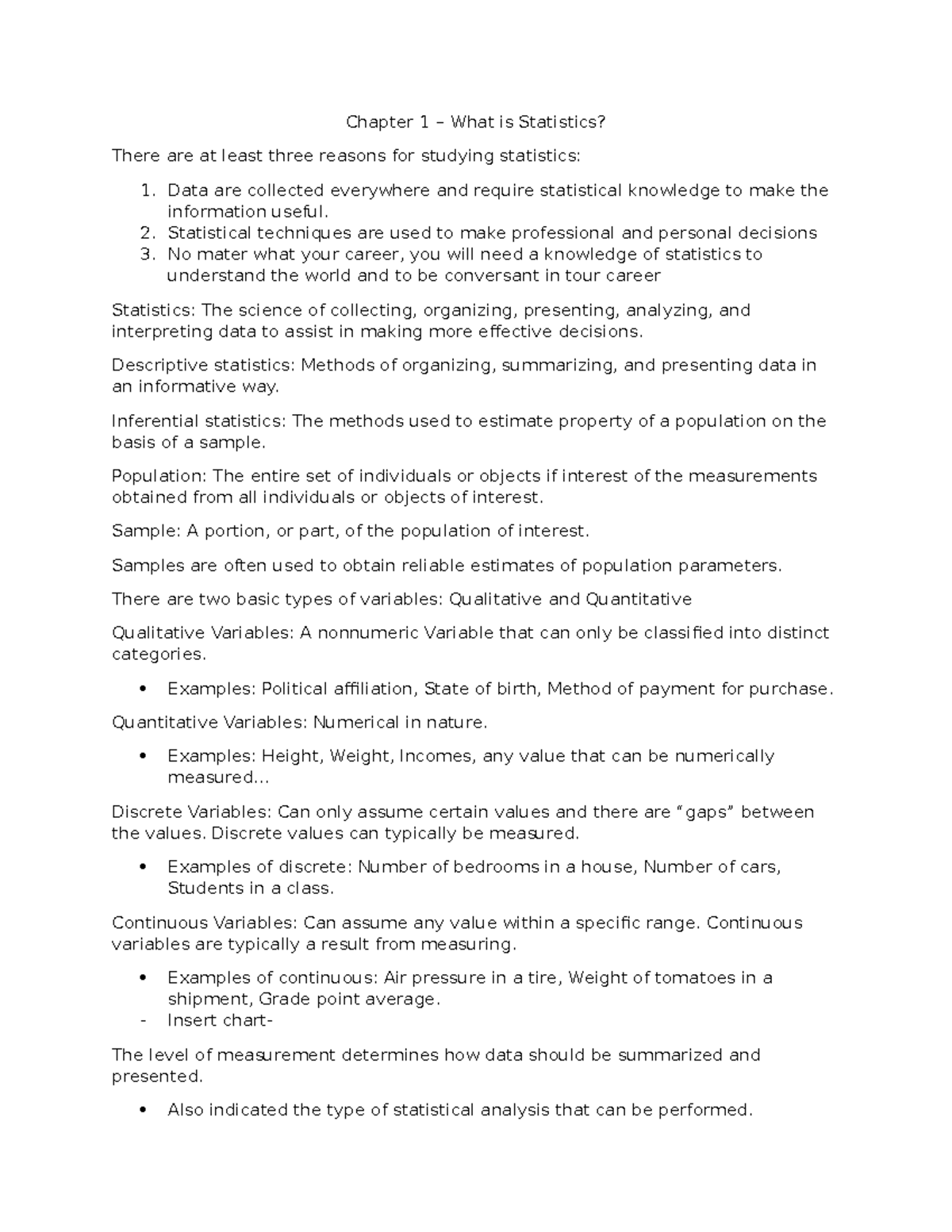 Chapter 1: Introduction to Statistics Concepts and Definitions - Studocu