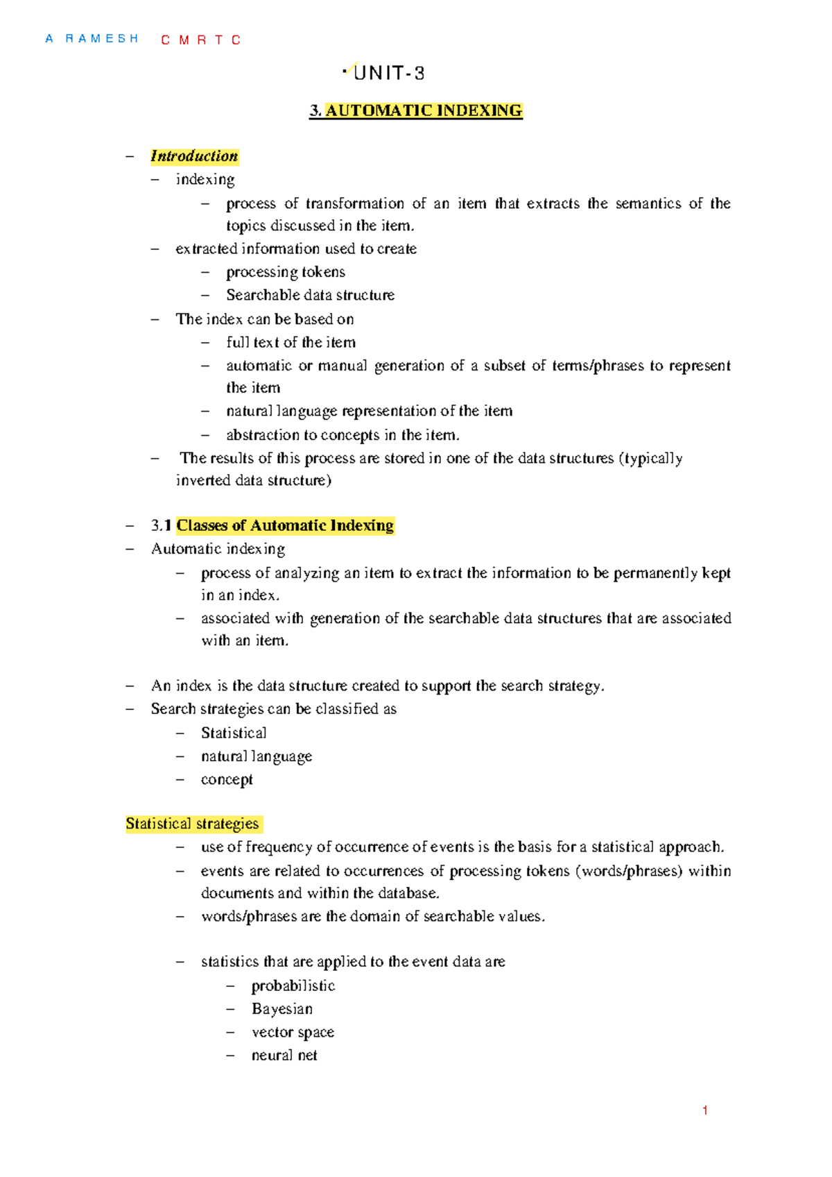 **IRS Unit 3: Understanding Automatic Indexing Techniques** - Studocu