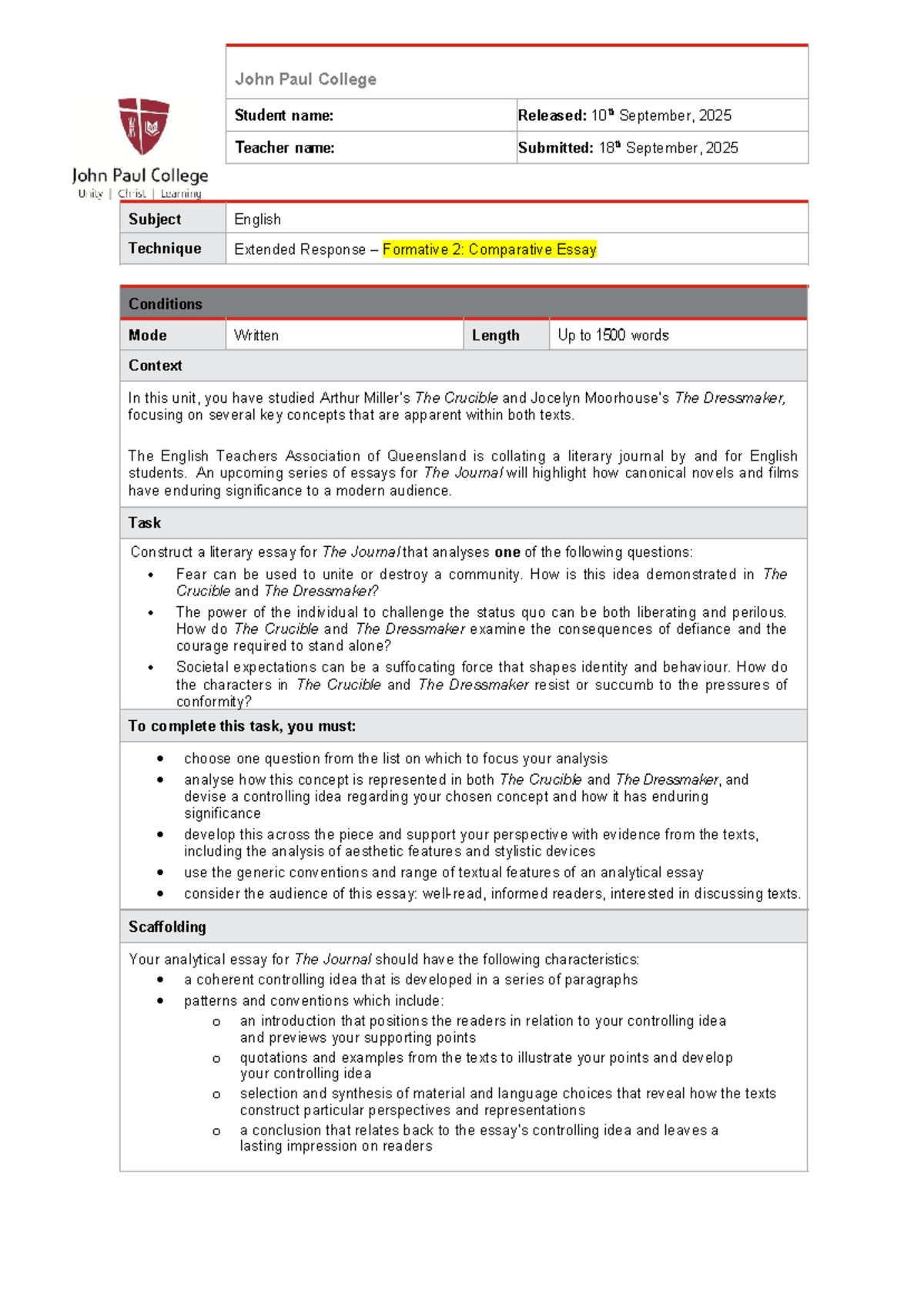 IA2 Formative 2 2025: Comparative Essay on The Crucible & The ...