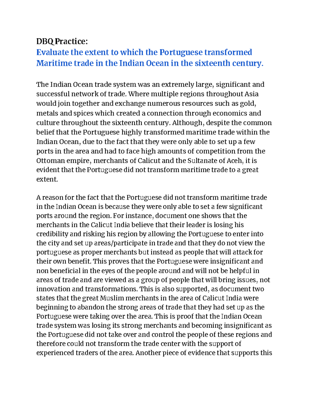DBQ Practice: The Portuguese and Indian Ocean Trade (16th Century ...