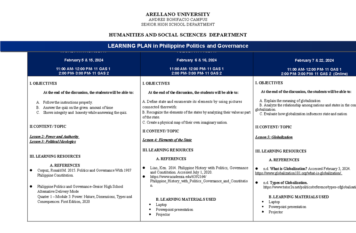 Elements of the State & Globalization - Lesson Plan for 11 GAS 1 & 2 ...