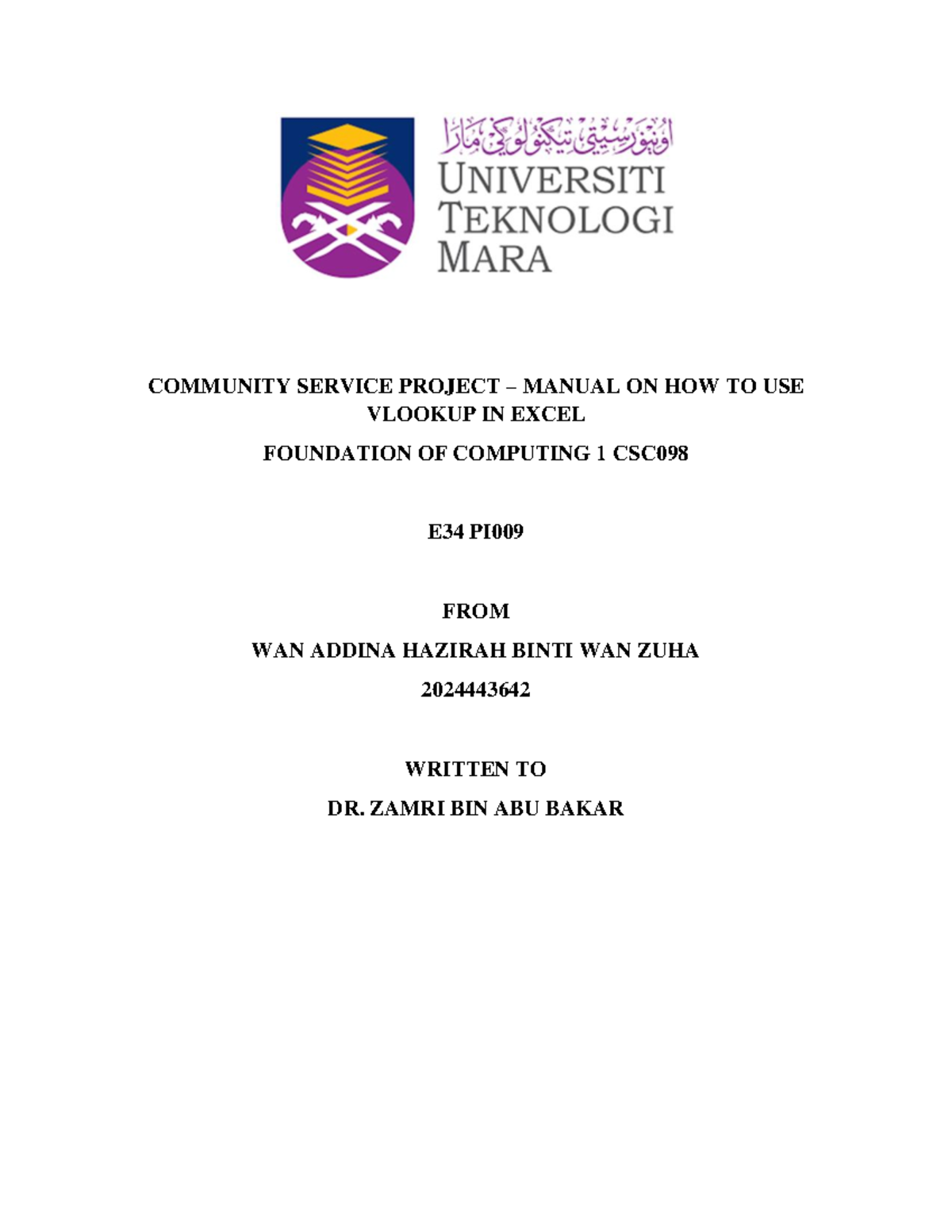 Community Service Project Manual: VLOOKUP in Excel (CSC098) - Studocu