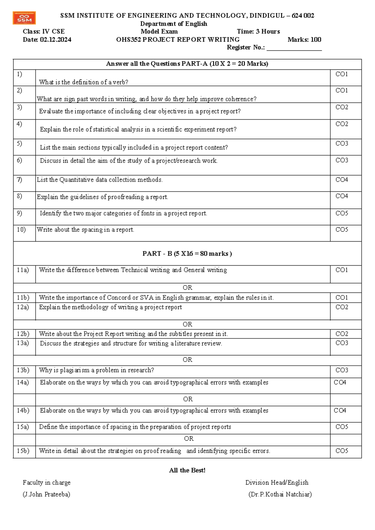 OHS352 - Project Report Writing Model Exam Questions and Notes - Studocu