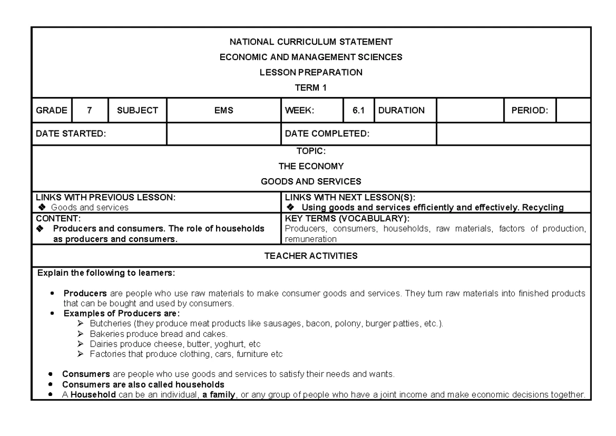 NATIONAL CURRICULUM EMS GRADE 7 LESSON PLAN WEEK 8.1 & 8.2 - Studocu