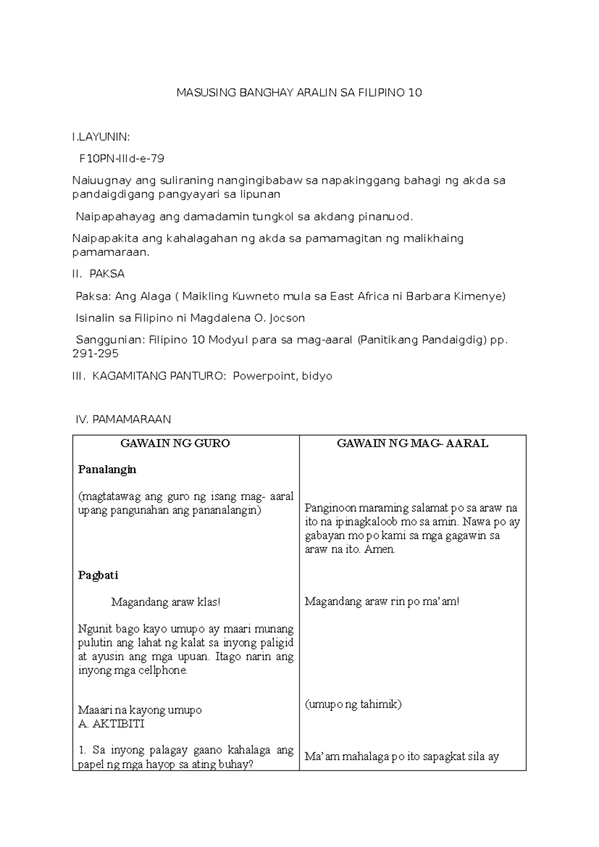 Masusing Banghay Aralin sa Filipino 10 - Ang Alaga ni Barbara Kimenye ...