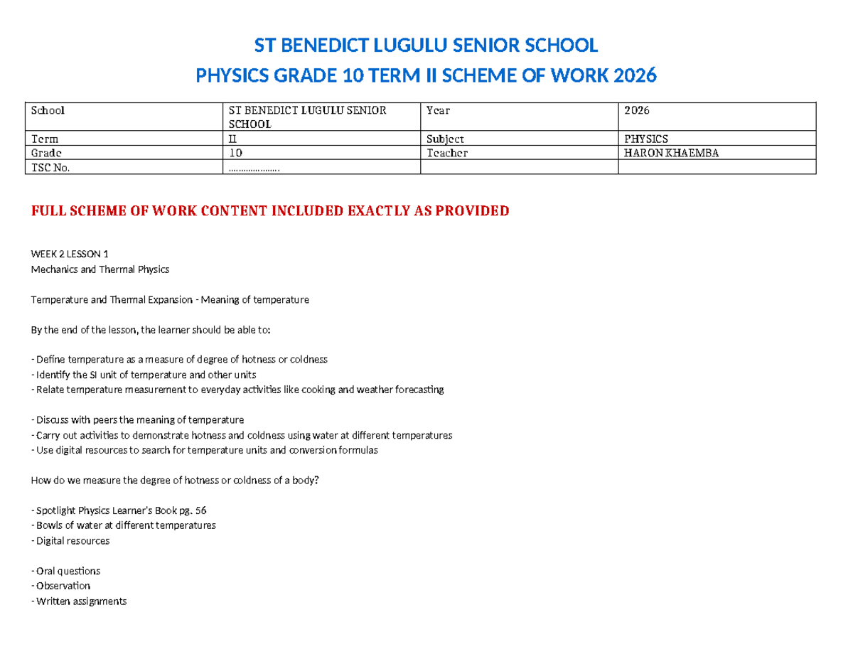 Grade 10 Physics Term II Scheme of Work 2026 - Full Content - Studocu