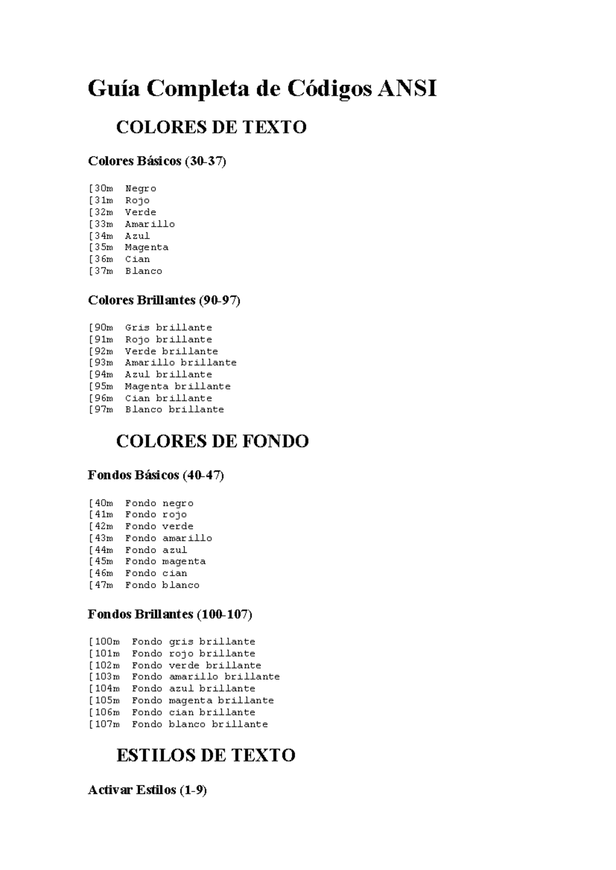 Guía Completa de Códigos ANSI para Colores y Estilos de Texto - Studocu