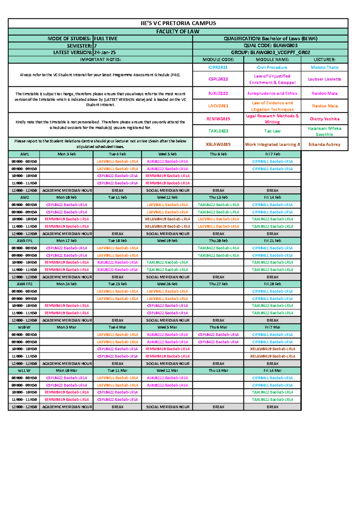 BLAW0803 BLW4 Vcgppt GR02 Timetable 24JAN2025 - SEMESTER: 7 MODULE CODE ...