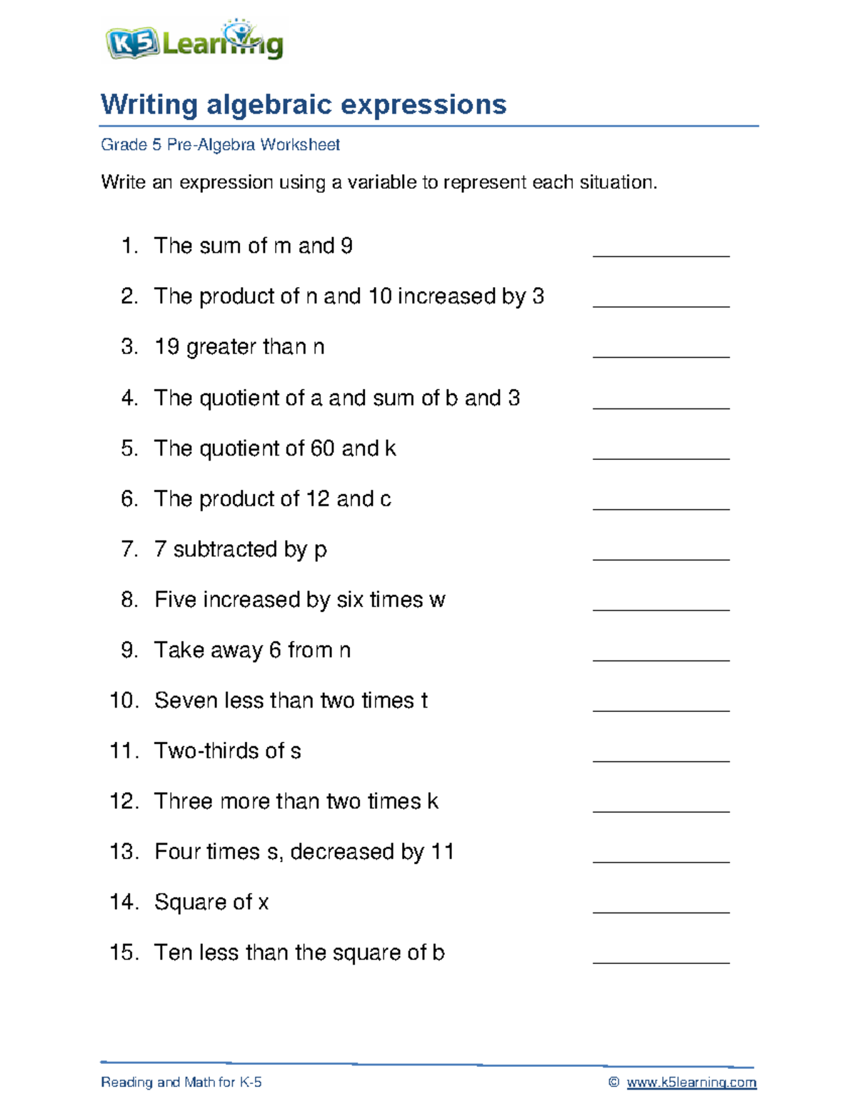 Grade 5 write expressions c - Reading and Math for K- 5 © k5learning ...