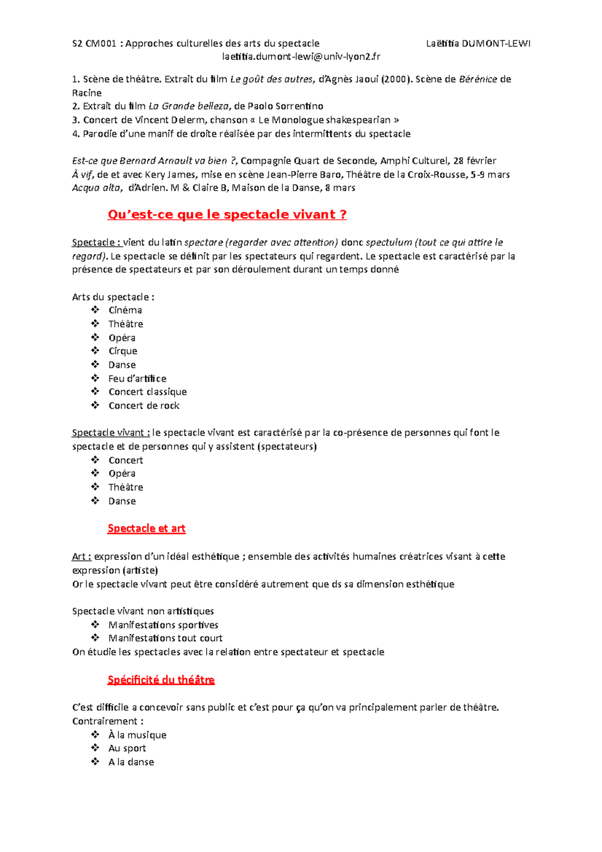 CM1 - Arts du spectacle - Notes de cours sur le spectacle vivant - Studocu