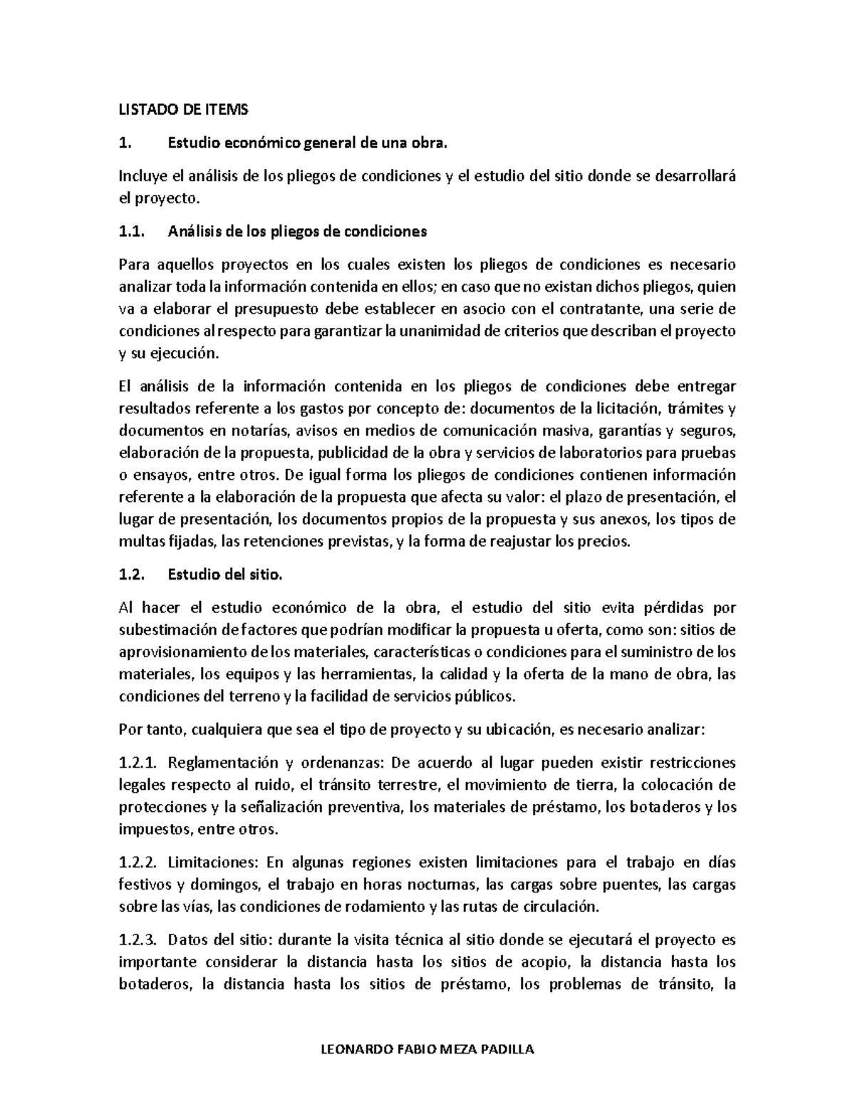 Listado de Ítems para Estudio Económico de Proyectos de Construcción ...