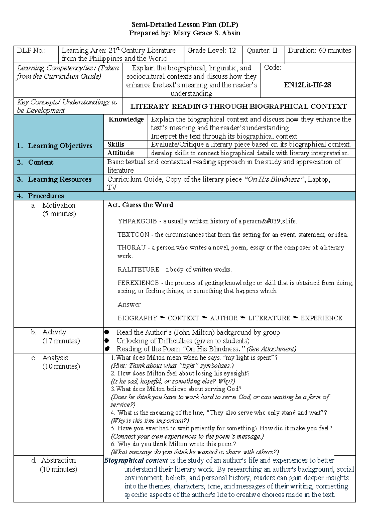 Lesson Plan (DLP) for 21st Century Literature: Biographical Context in ...