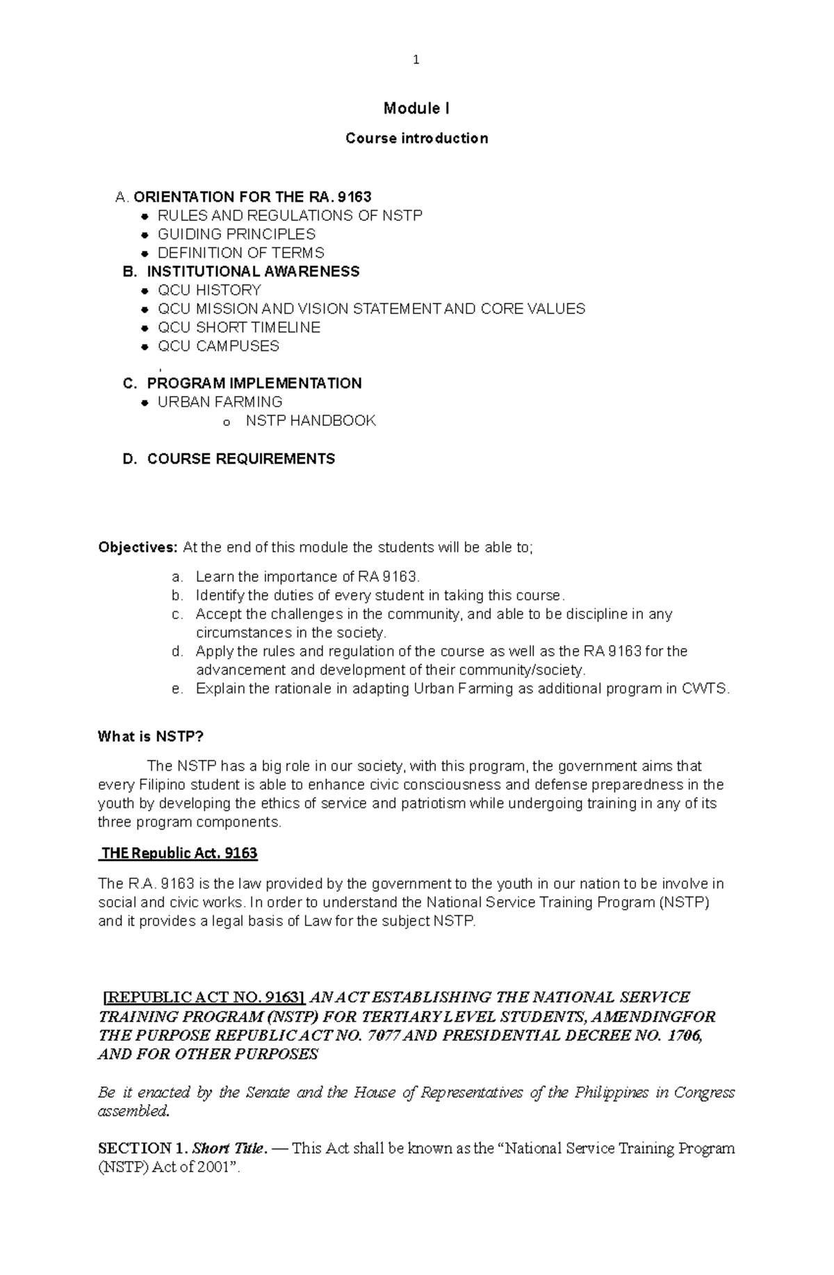 Module-I-RA.9163 ( Revised) - Module I Course introduction A ...