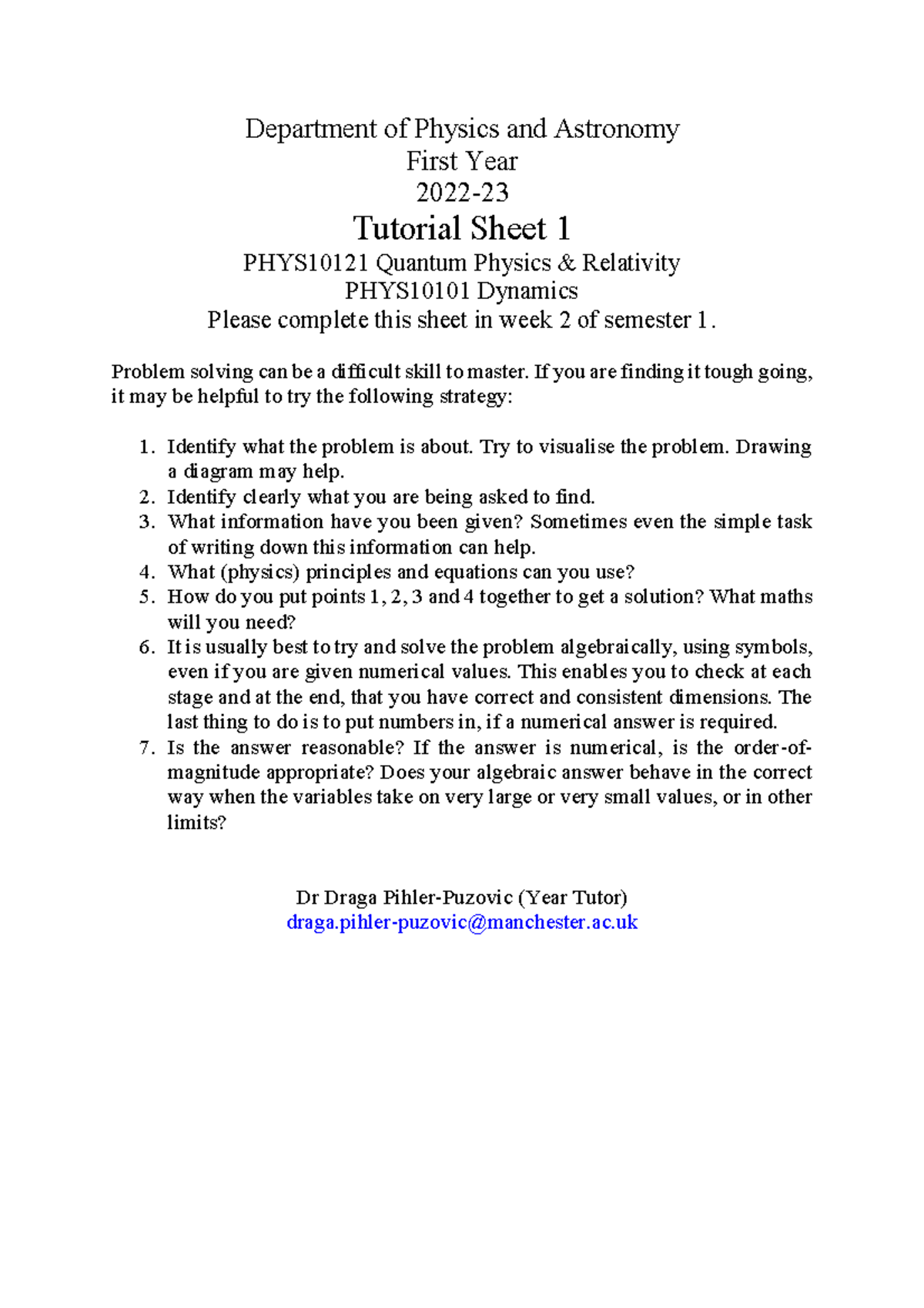 Phys Tut 1 - 1st tutorial sheet of semester 1 - Department of Physics and Astronomy First Year ...