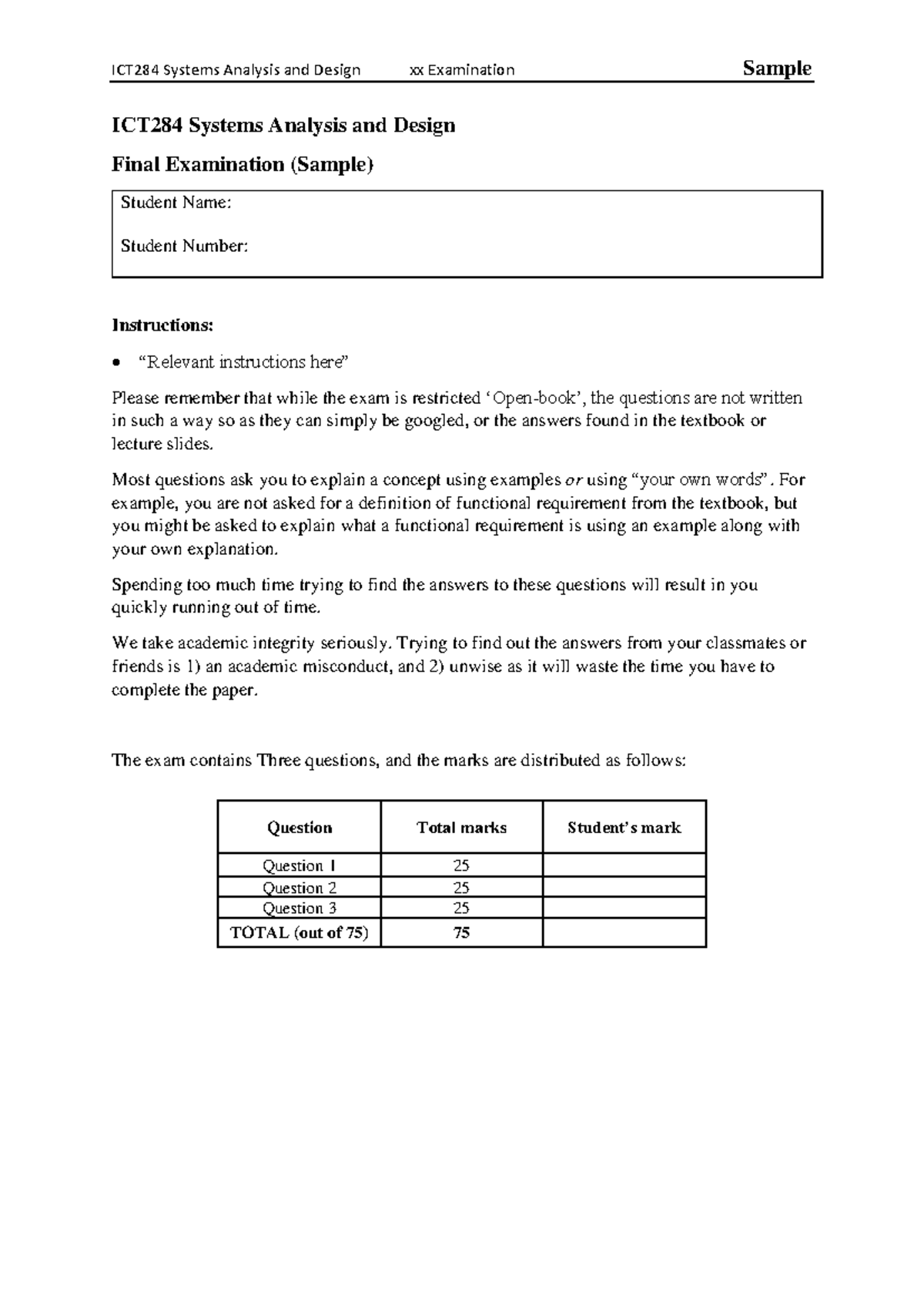 ICT284 Sample Final Exam Paper on Systems Analysis & Design - Studocu