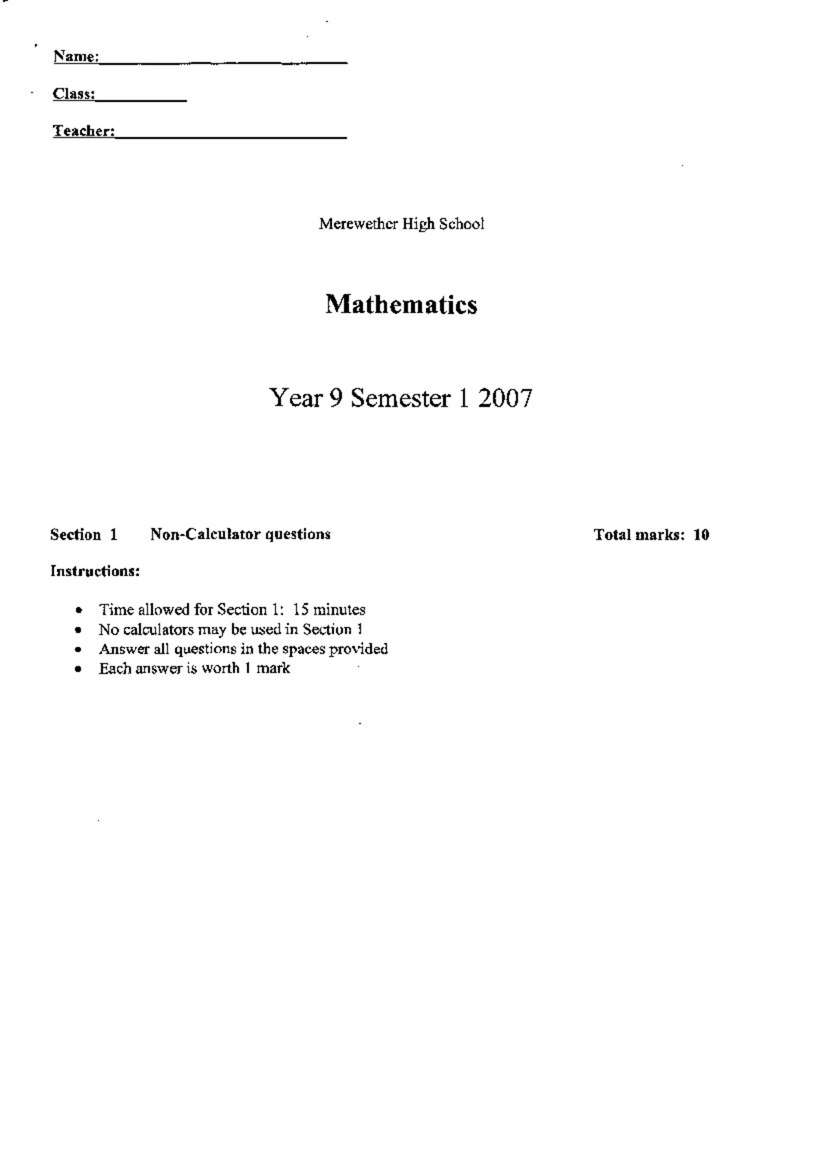 Mathematics Year 9 Semester 2 2005 Exam Questions and Solutions - Studocu