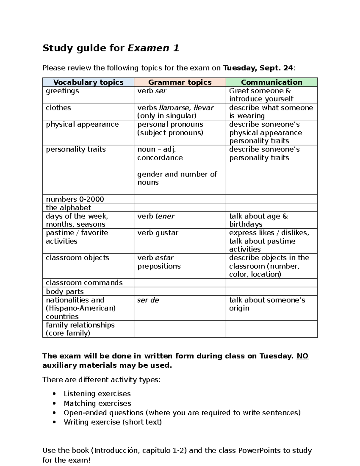Study guide for Examen 1 - 24: Vocabulary topics Grammar topics ...