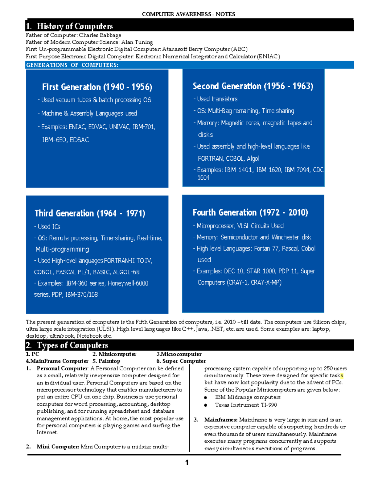 Computer Awareness Notes: History, Generations, and Types of Computers ...