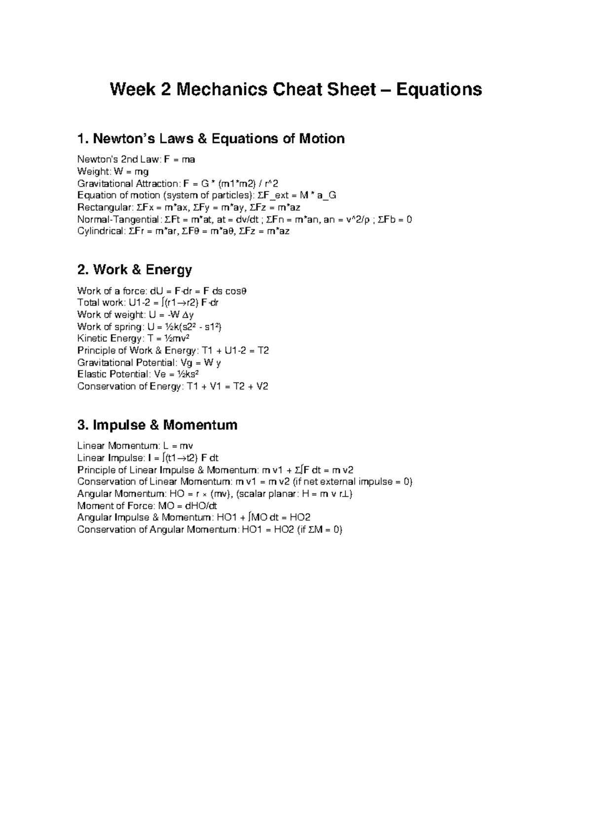 Week 2 Mechanics Cheat Sheet: Key Equations and Principles - Studocu