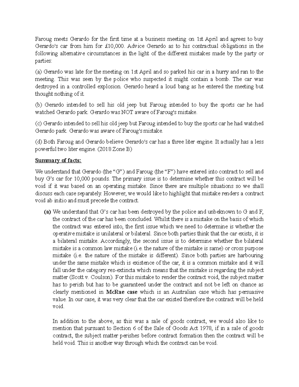 Contract LAW: Analyzing Bilateral Mistakes in Sales Agreements - Studocu