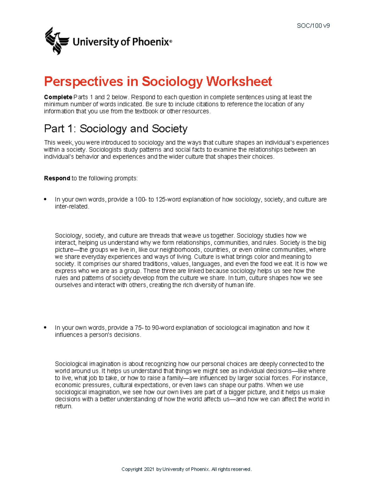 SOC/100 v9 Wk 1 – Perspectives in Sociology Worksheet & Theories - Studocu
