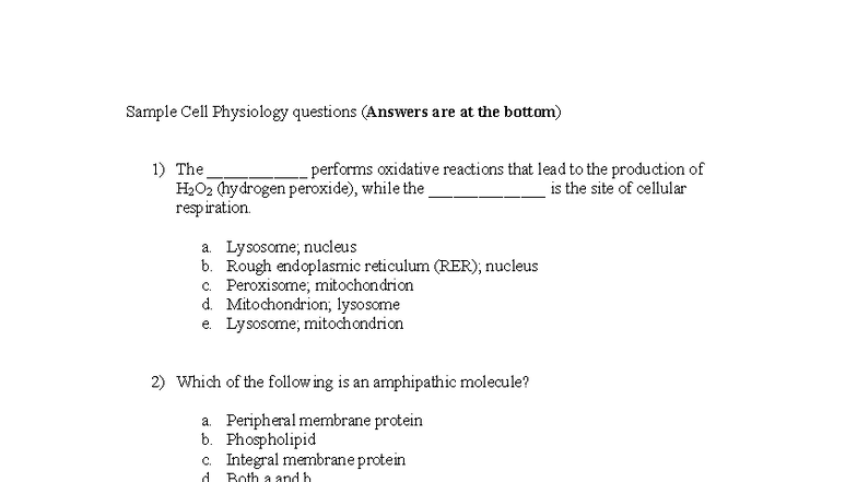 Cell Physiology Sample Questions & Answers (Course Code: CP101) - Studocu