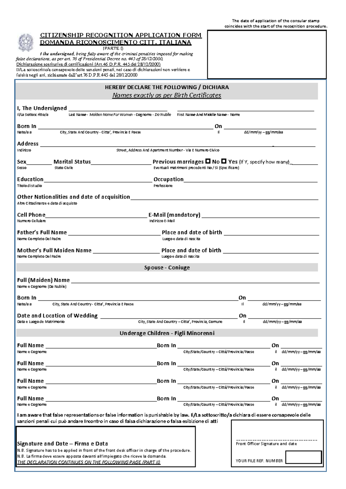 CITIZENSHIP RECOGNITION APPLICATION FORM (PART I) - Studocu