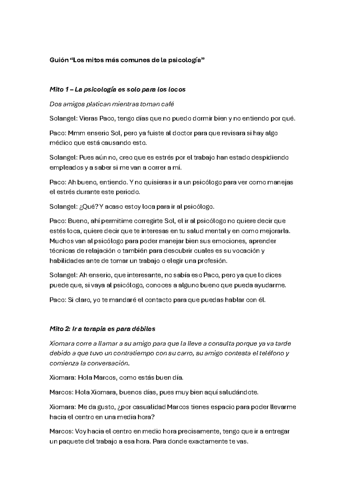 Guión: Mitos Comunes sobre la Psicología y su Realidad - Studocu