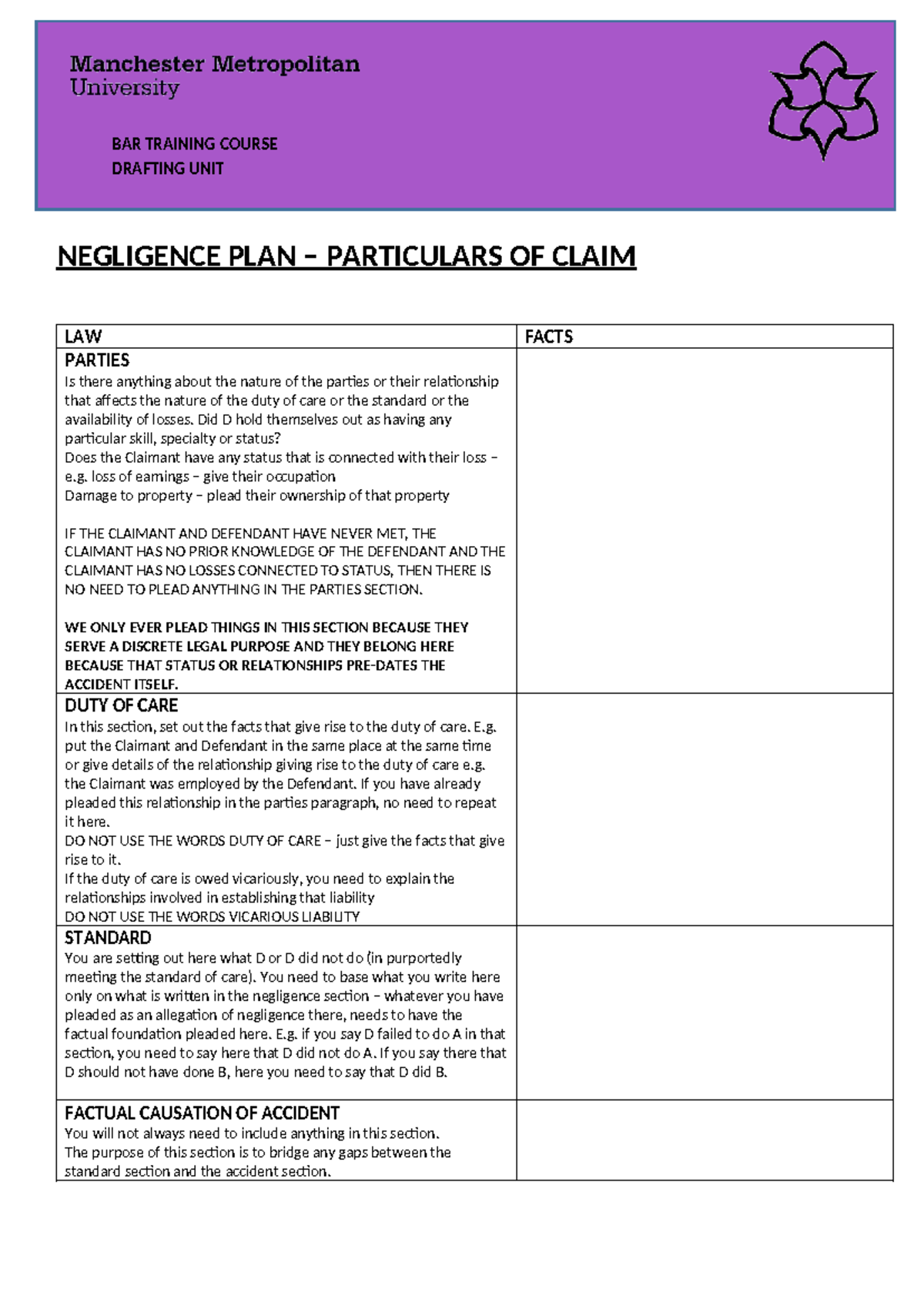 BAR TRAINING COURSE: NEGLIGENCE PLAN & PARTICULARS OF CLAIM - Studocu